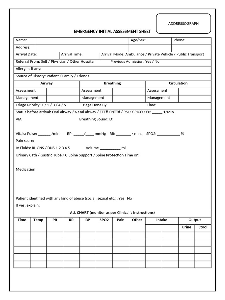 Emergency Initial Assessment Sheet | PDF | Health Care | Medicine