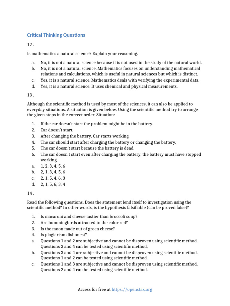 1 Critical Thinking Questions | PDF | Scientific Method | Natural Sciences