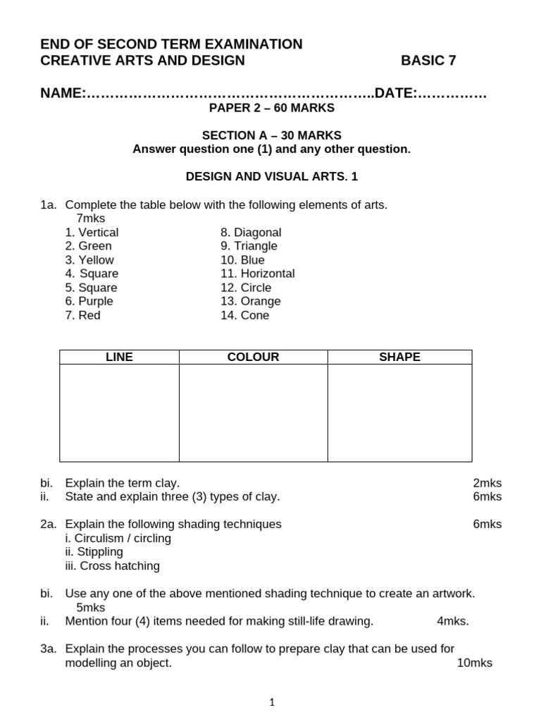 Basic 7 Creative Arts Exam Paper | PDF | Drawing | The Arts