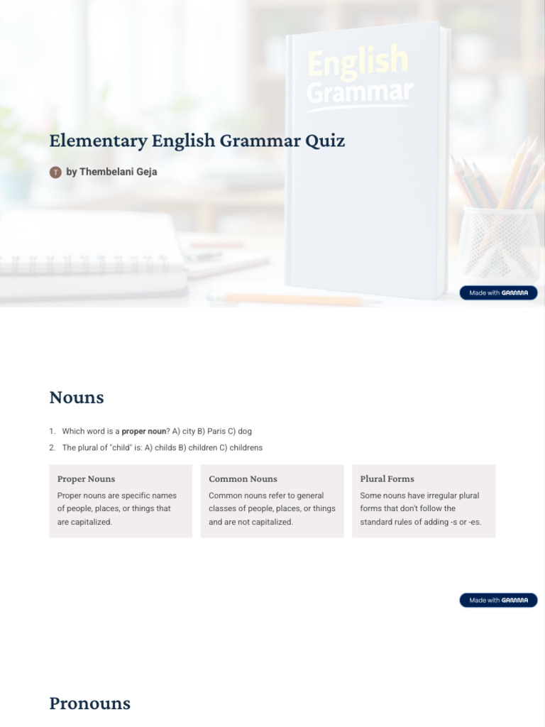 Elementary English Grammar Quiz | PDF | Adverb | Noun