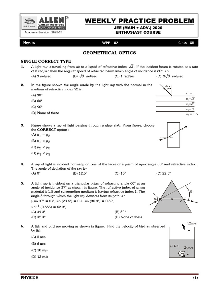Weekly Practice Problem: Geometrical Optics | PDF | Function ...