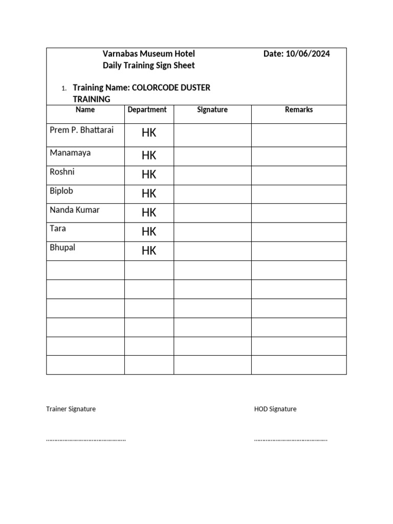 Training Sign Sheet | PDF