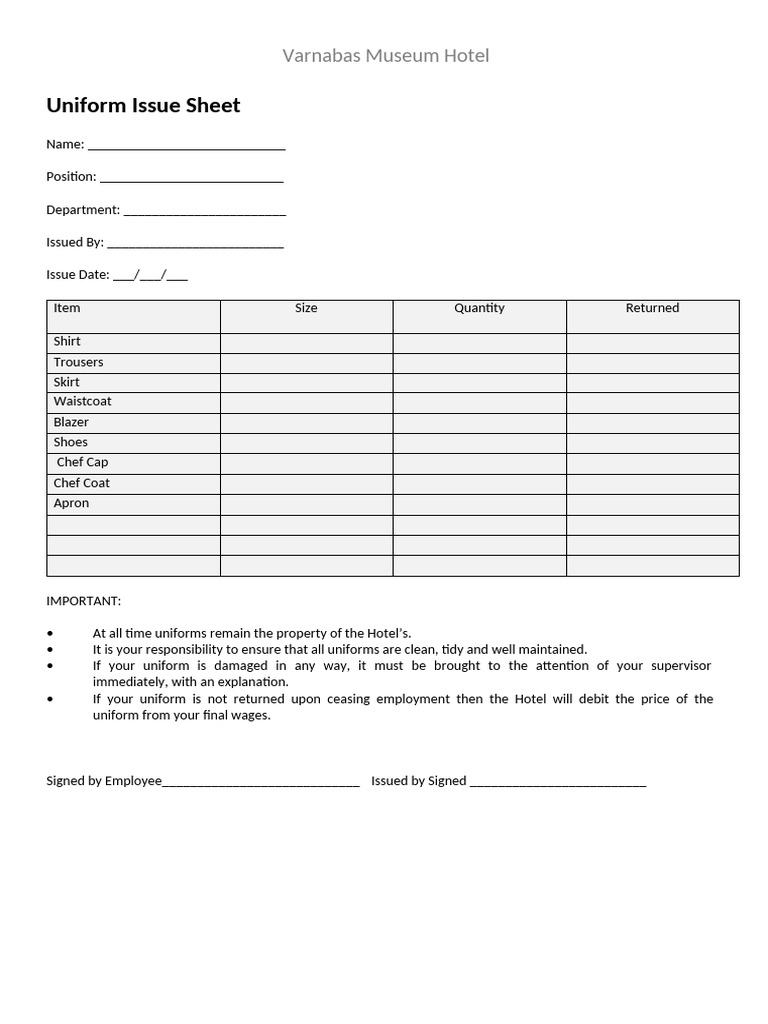 Uniform Issue Sheet | PDF