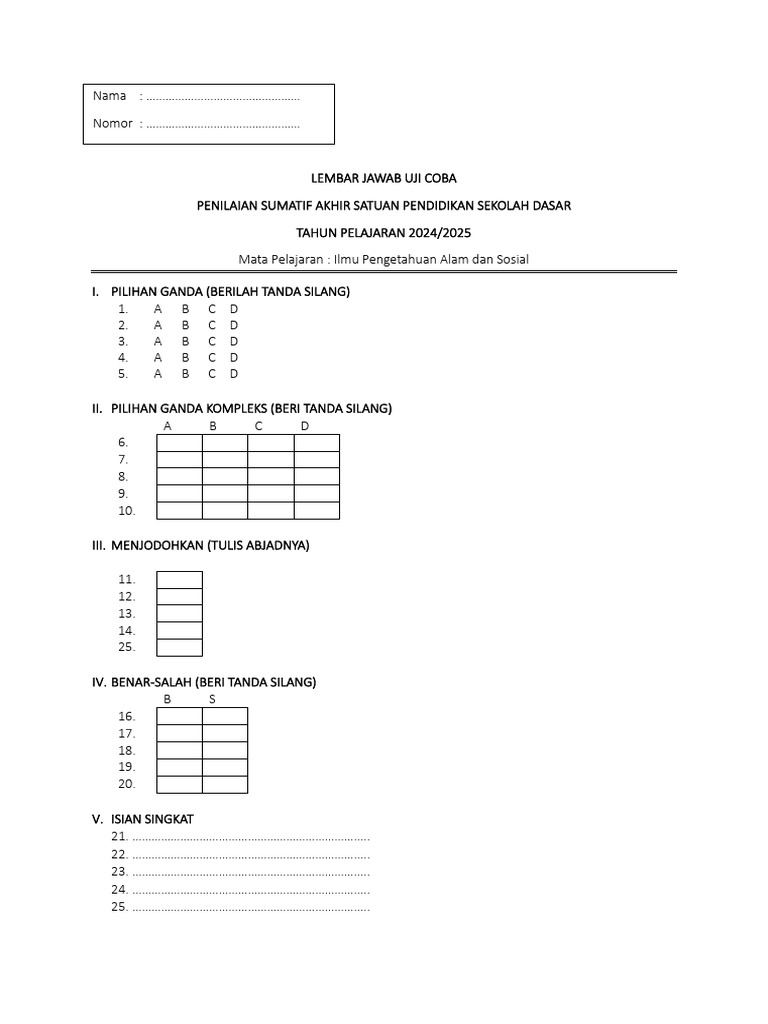 Lembar Jawab Uji Coba | PDF