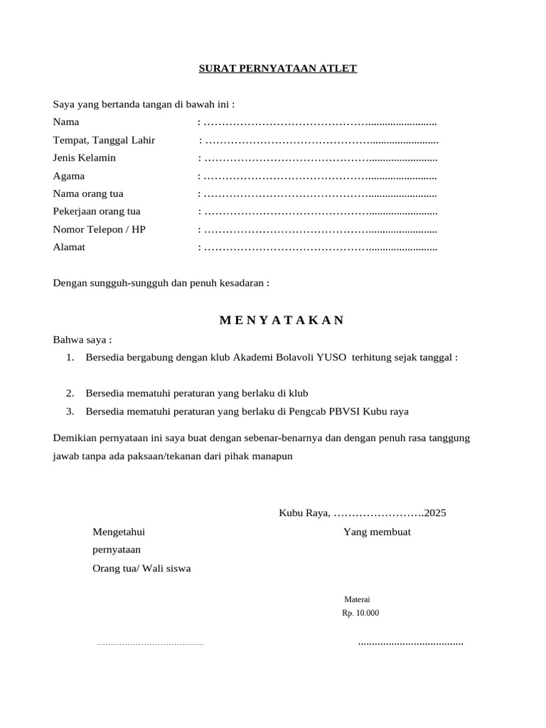 Surat Pernyataan Atlet Klub Yuso Kubu Raya | PDF