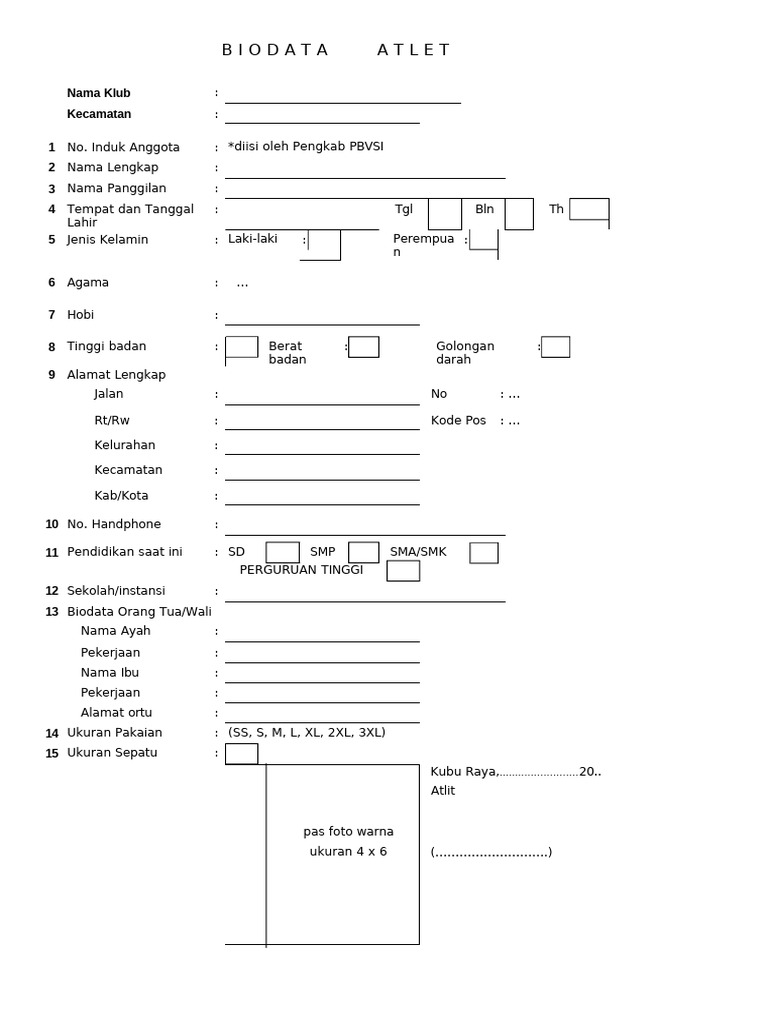 Form Data Atlit Akademi Bolavoli Yuso | PDF