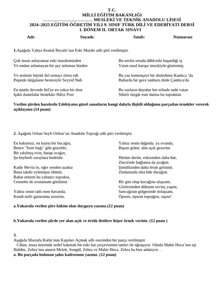 9 sınıf TDE 1. dönem 2. yazılı soruları x | PDF