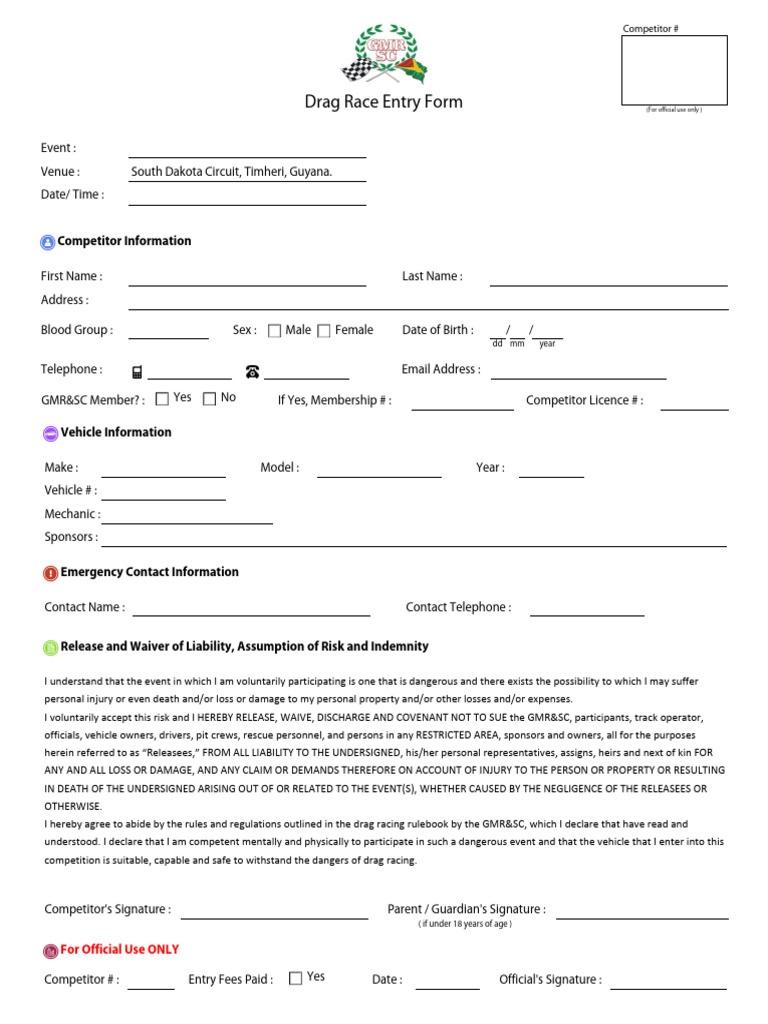 GMRSC Drag Race Entry Form | PDF | Justice | Crime & Violence