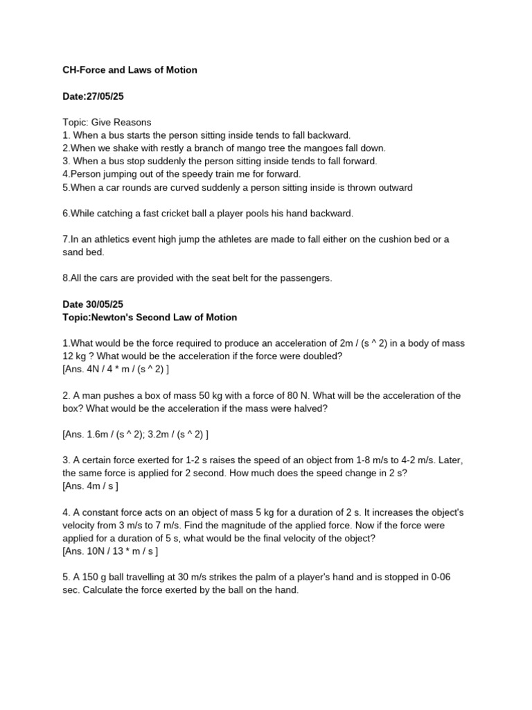 9th HW CH-Force and Laws of Motion | PDF