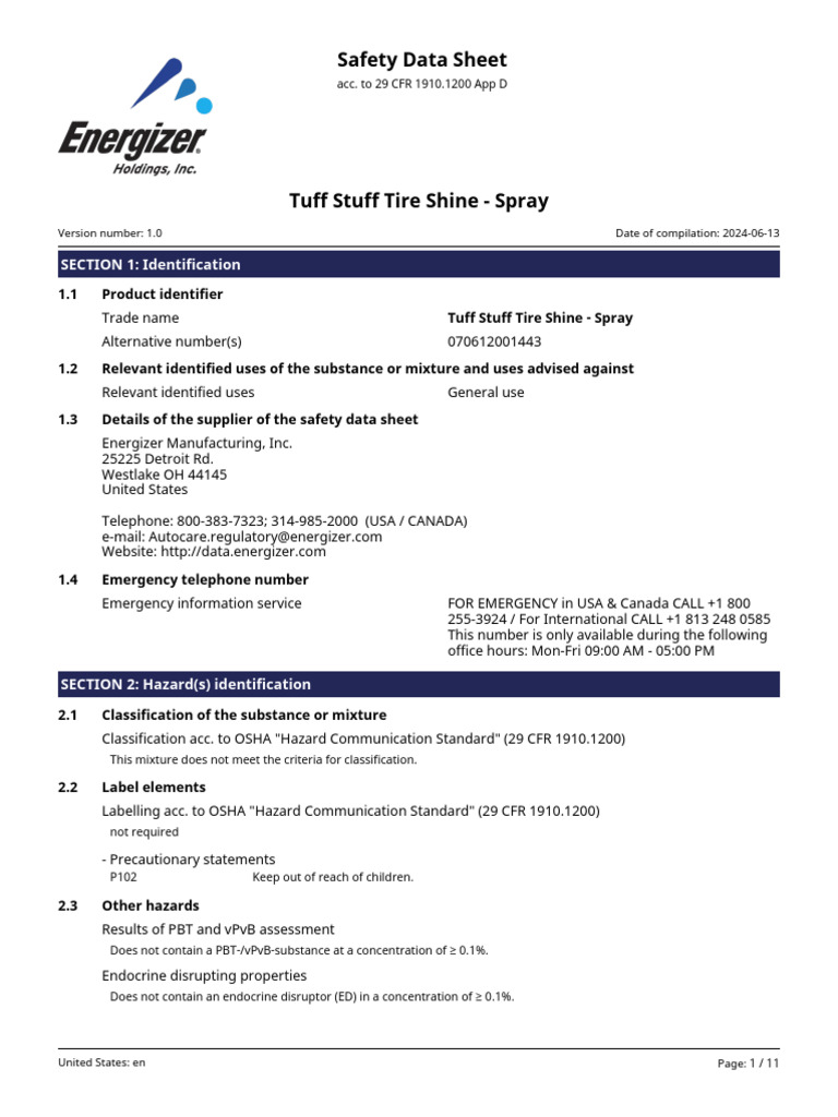 SDS Tuff Stuff Tire Shine Spray US en 2024-06-13 | PDF | Toxicity ...