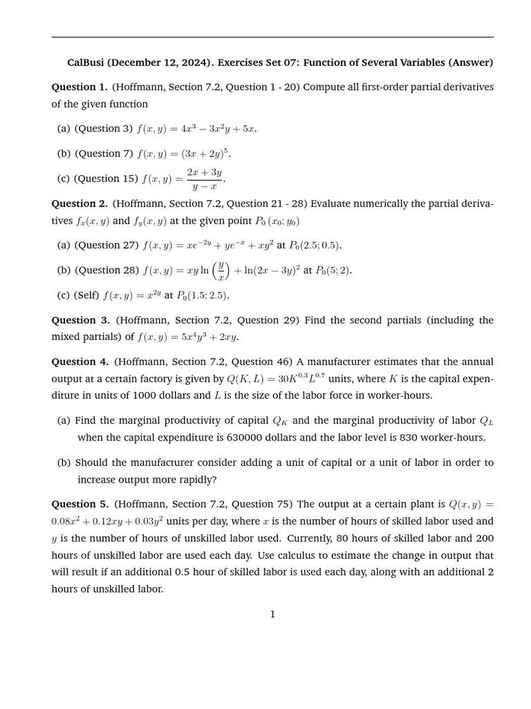 Partial Derivatives and Optimization Exercises | PDF | Profit ...