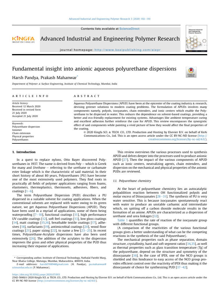 Anionic Aqueous Polyurethane Dispersions | PDF | Polyurethane | Polymers
