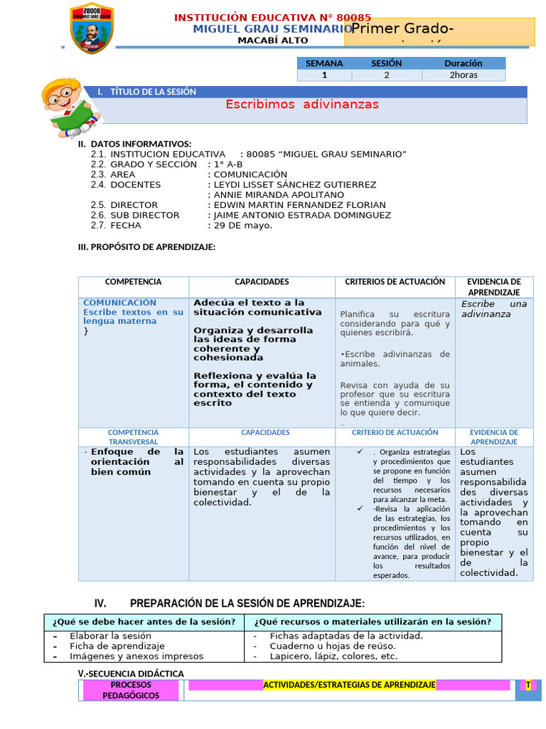Sesion 2 Escribimos Adivinanzas | PDF | Maestros | Cognición