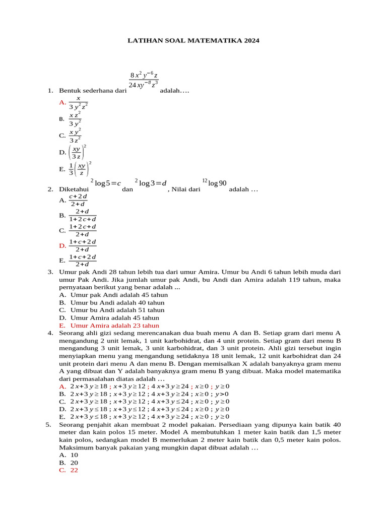 Latihan Soal MTK - 2024-1 | PDF