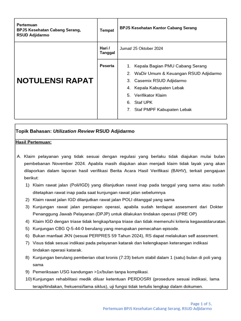 Notulen Pertemuan RSUD Adjidarmo 251024 Fix | PDF