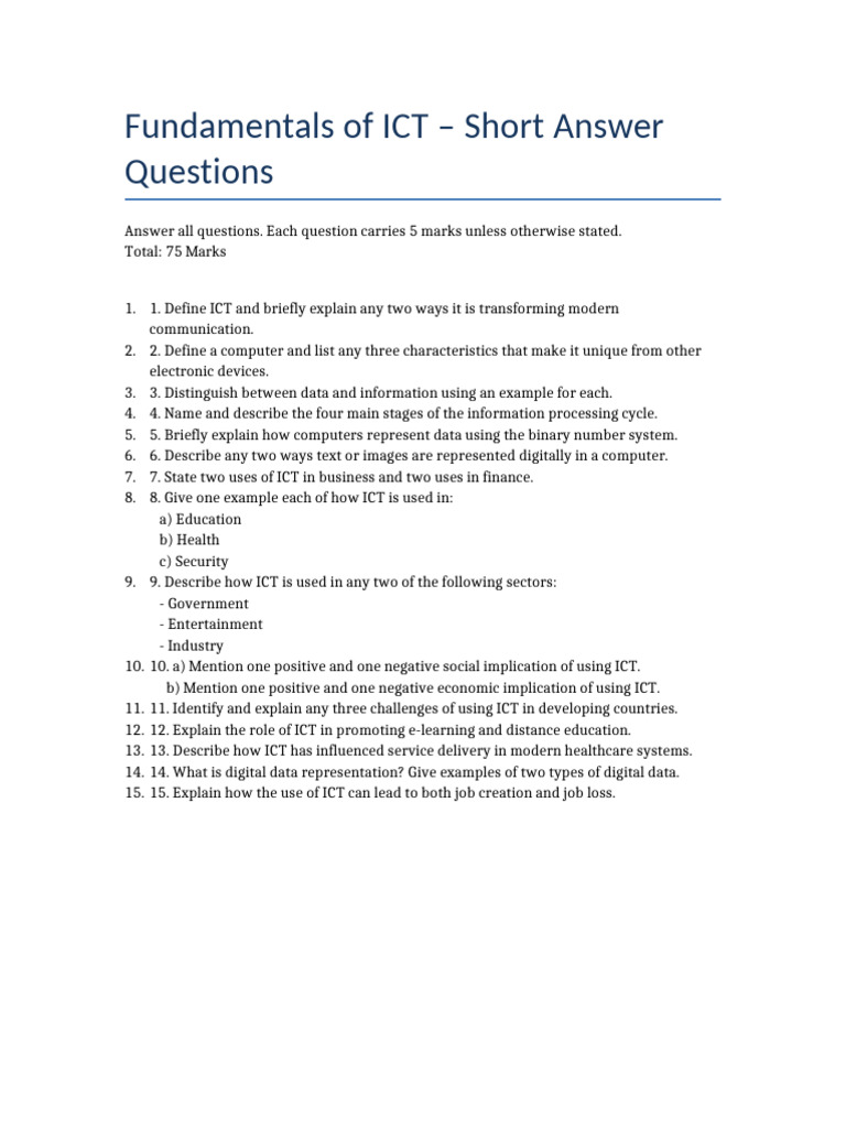 Fundamentals of ICT Short Answer Exam | PDF