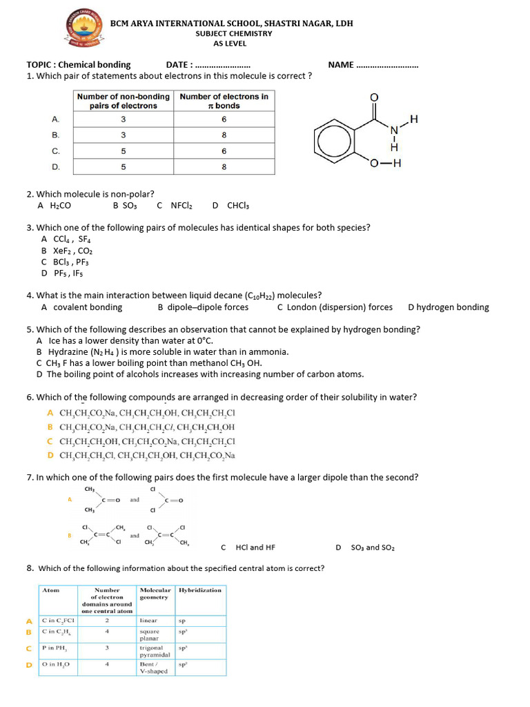 AS Level Chemistry: Chemical Bonding Quiz | PDF | Chemical Bond ...