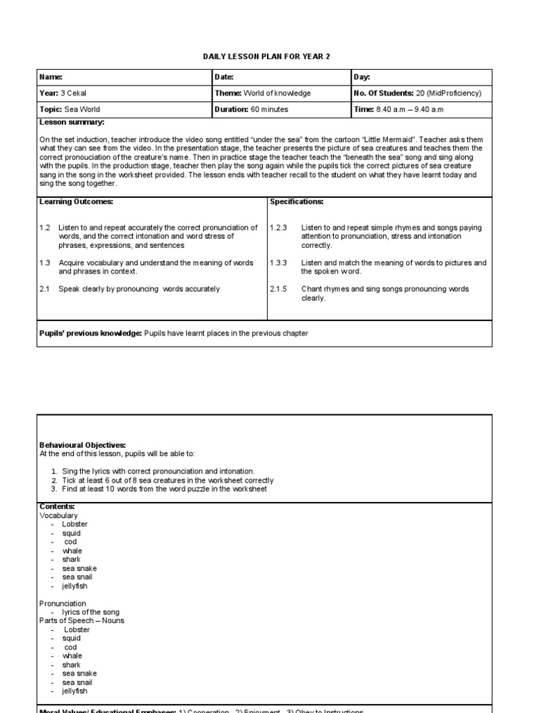 Year 2 Sea World Lesson Plan | PDF | Vocabulary | Lesson Plan