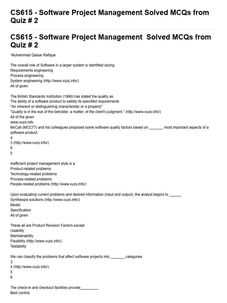 CS615 - Software Project Management Solved MCQs From Quiz # 2 | PDF | Software | Computing