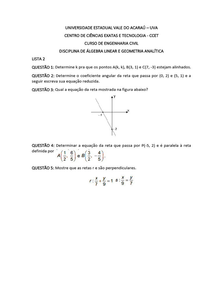Lista-Álgebra Linear Lista 2 (Turma 2) | PDF