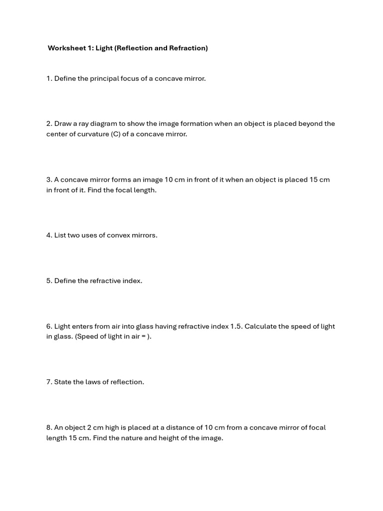 Light Reflection and Refraction Worksheet | PDF | Mirror | Refraction