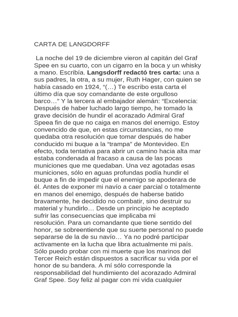Carta del Capitán Langsdorff sobre el Graf Spee | PDF