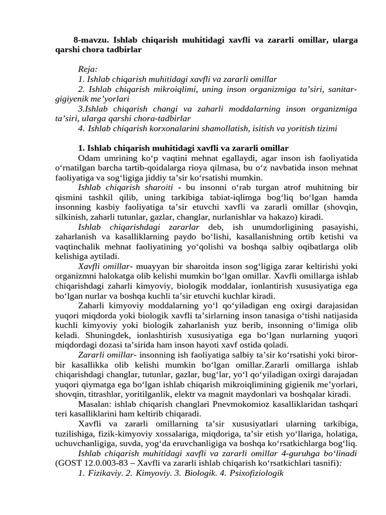 8 Mavzu Ishlab Chiqarish Muhitidagi Xavfli Va Zararli Omillar | PDF