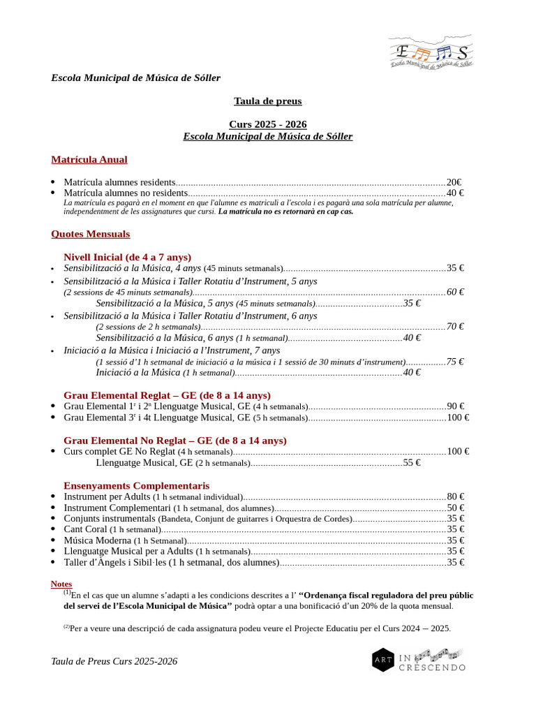 Taula de Preus Sóller - Curs 2025-2026 | PDF