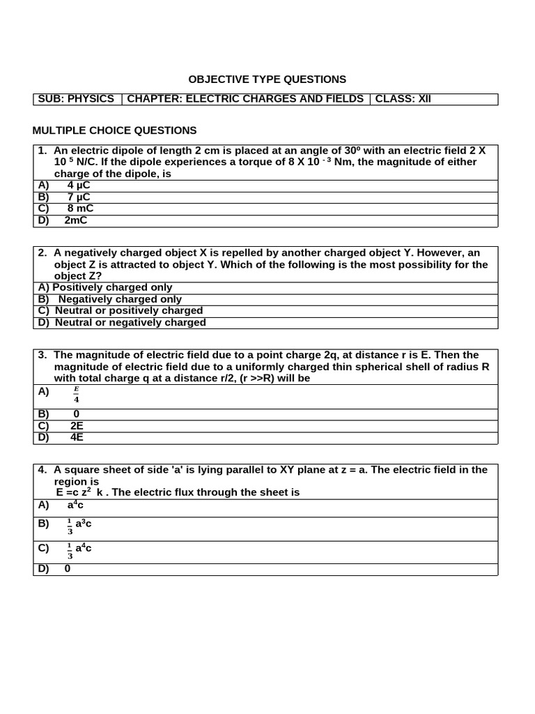 Physics MCQs on Electric Charges & Fields | PDF | Electric Field | Dipole