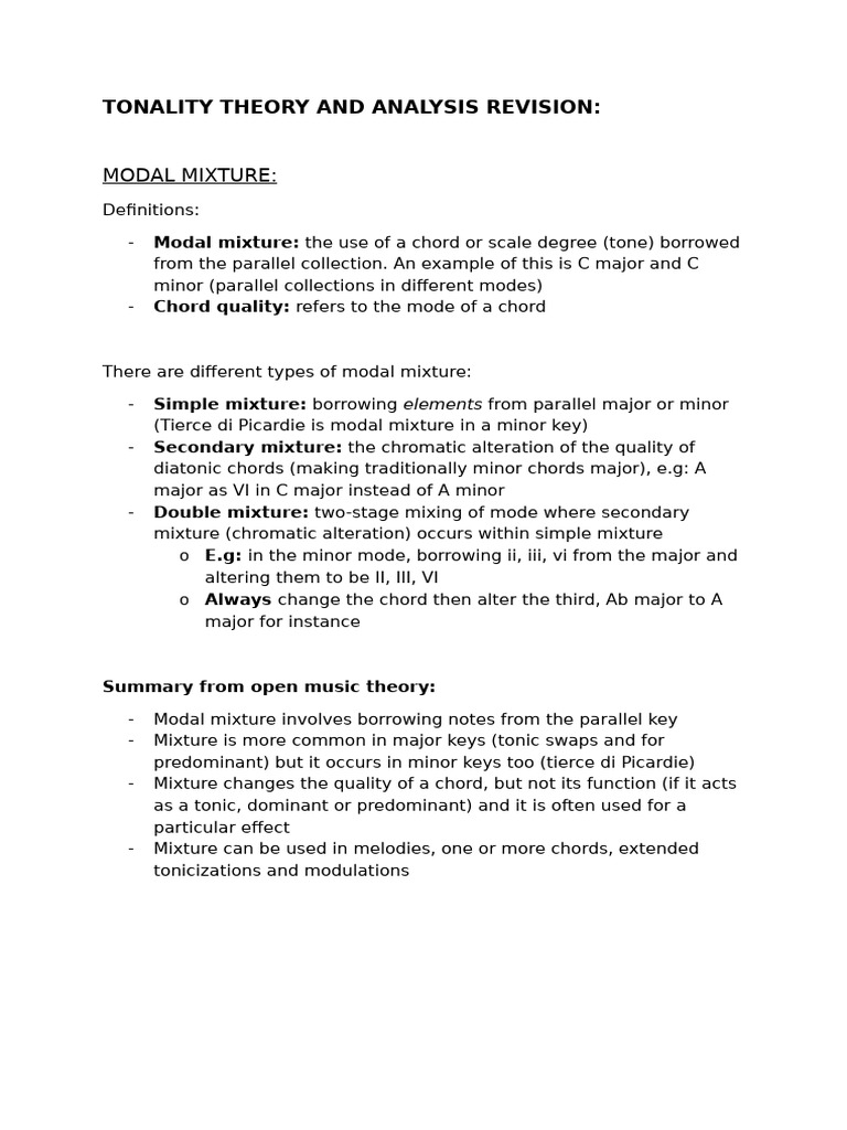 Tonality Theory and Analysis Revision | PDF | Mode (Music) | Chord (Music)