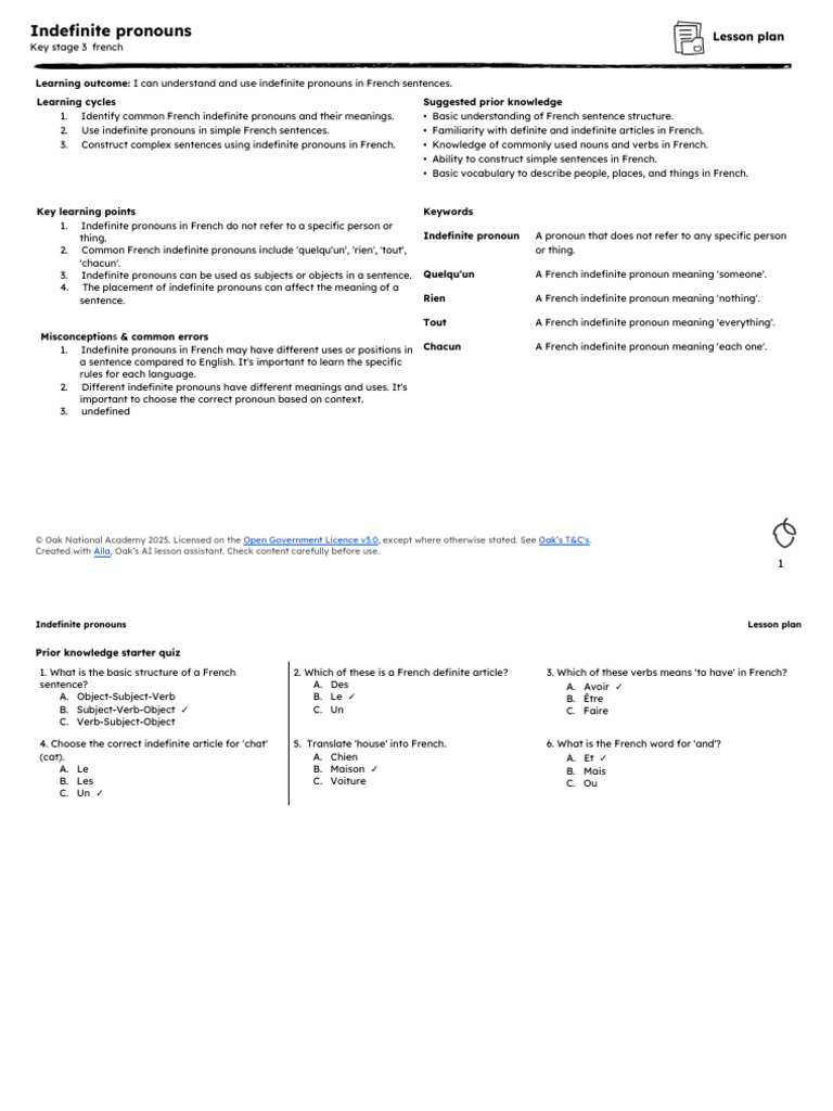 Mastering French Indefinite Pronouns | PDF | Pronoun | French Language
