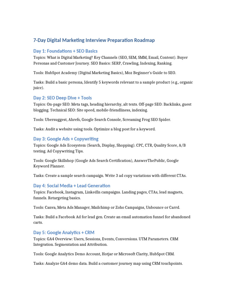 Digital Marketing 7-Day Roadmap Jayasri | PDF
