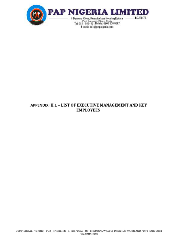 Appendix Iii.1 - List of Pap Executve Management and Key Employees | PDF