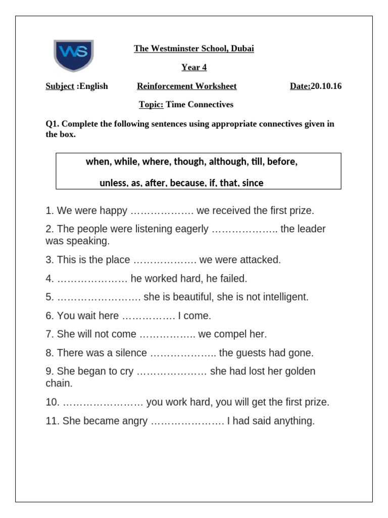 Time Connectives Worksheet Answers | PDF