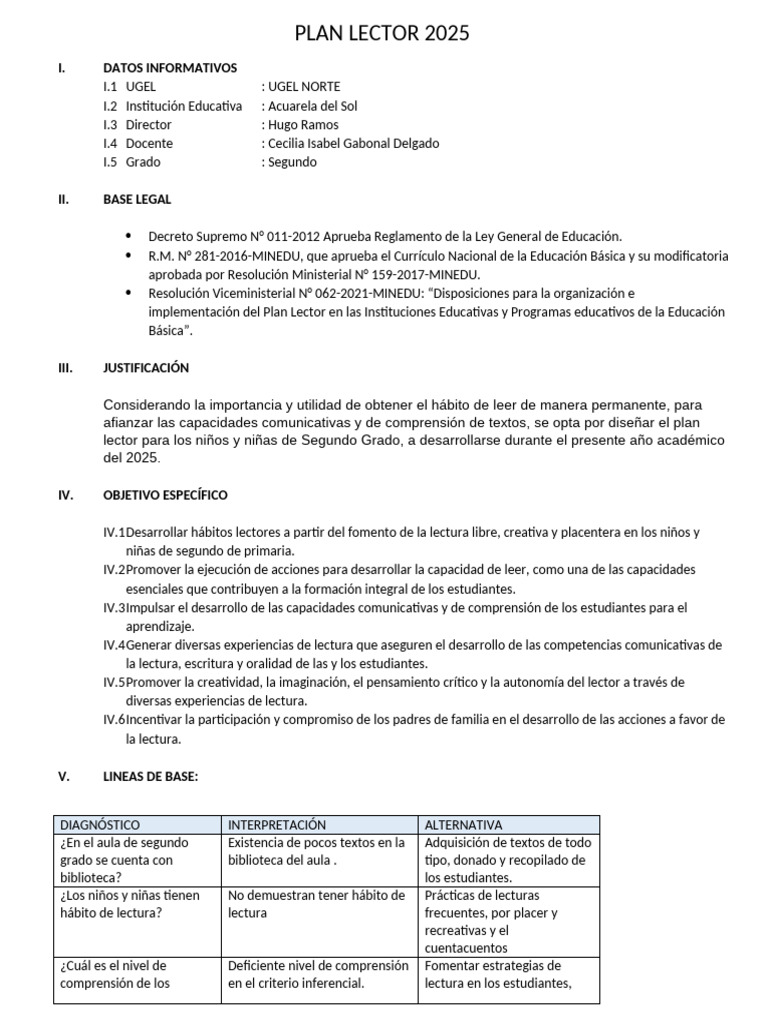 Plan Lector 2025 para Segundo Grado | PDF | Maestros | Educación primaria