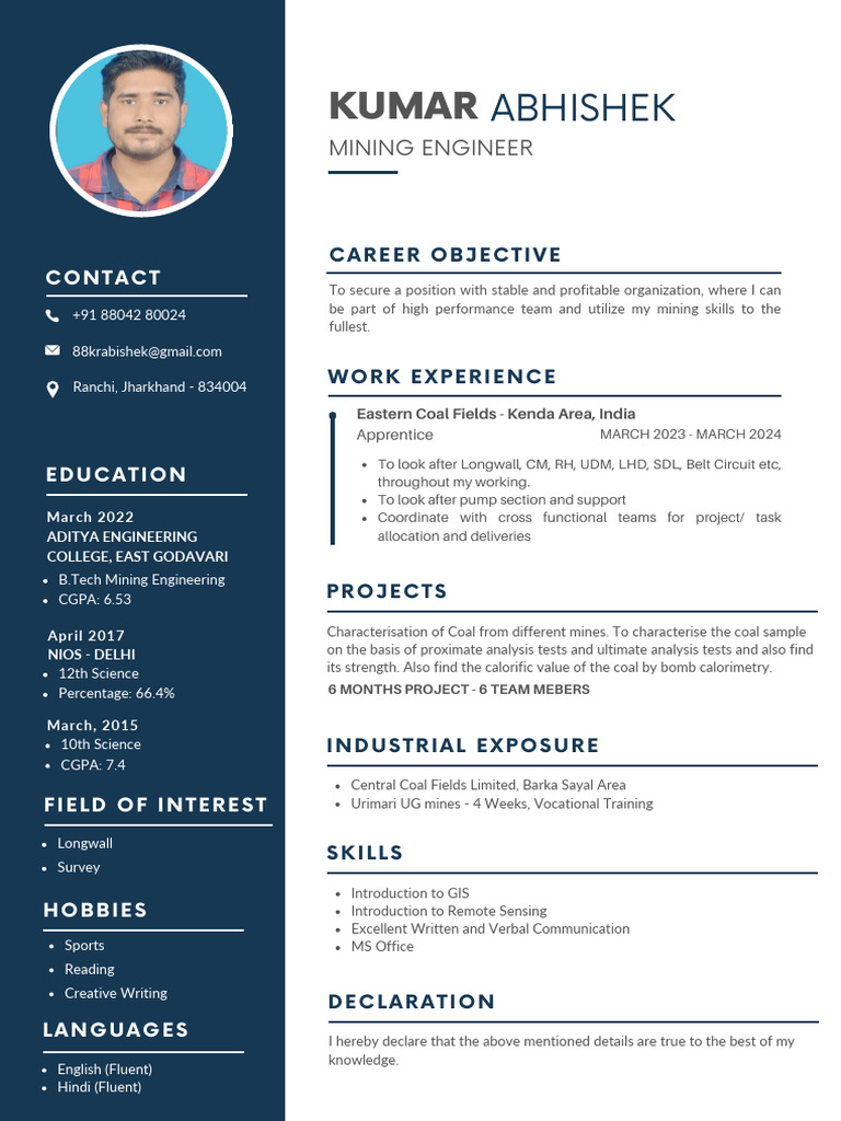 Mining Engineer Resume of Kumar Abhishek | PDF