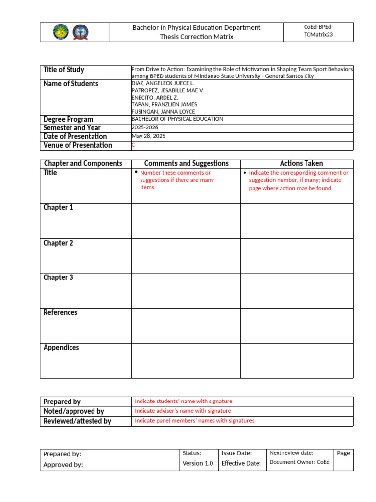 BPEd Thesis Correction Matrix | PDF