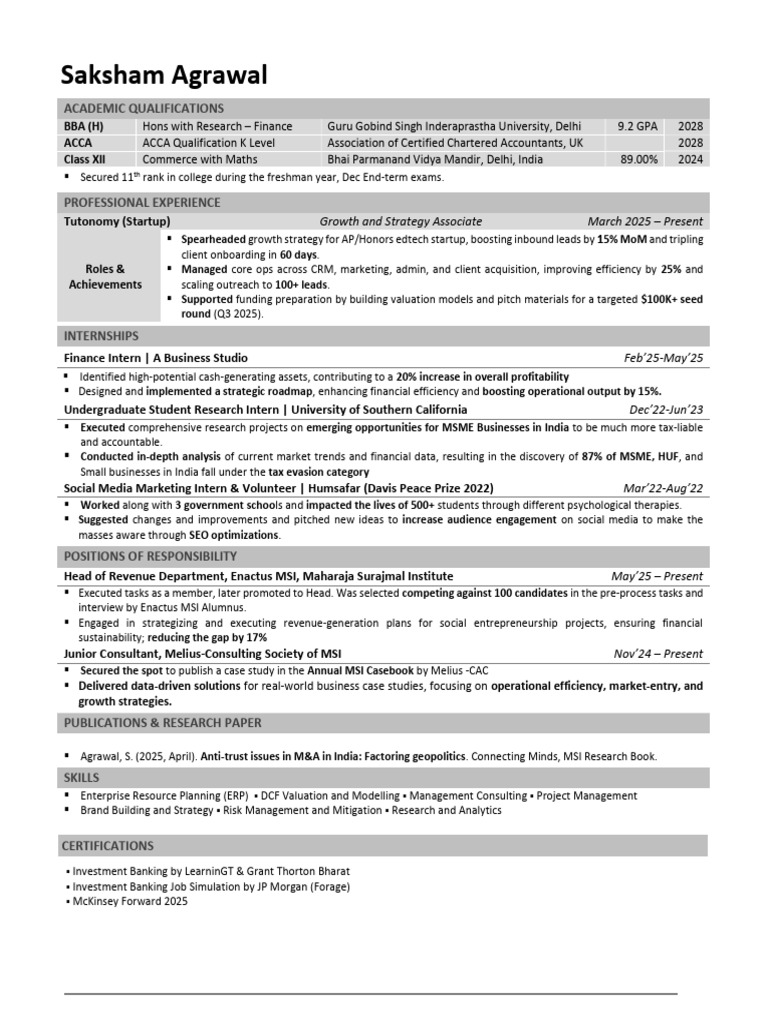 Saksham Agrawal Resume Academic | PDF | Economies | Business