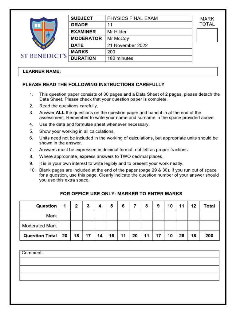 G11 Nov Physics Exam 2022 QP | PDF | Force | Energy Level