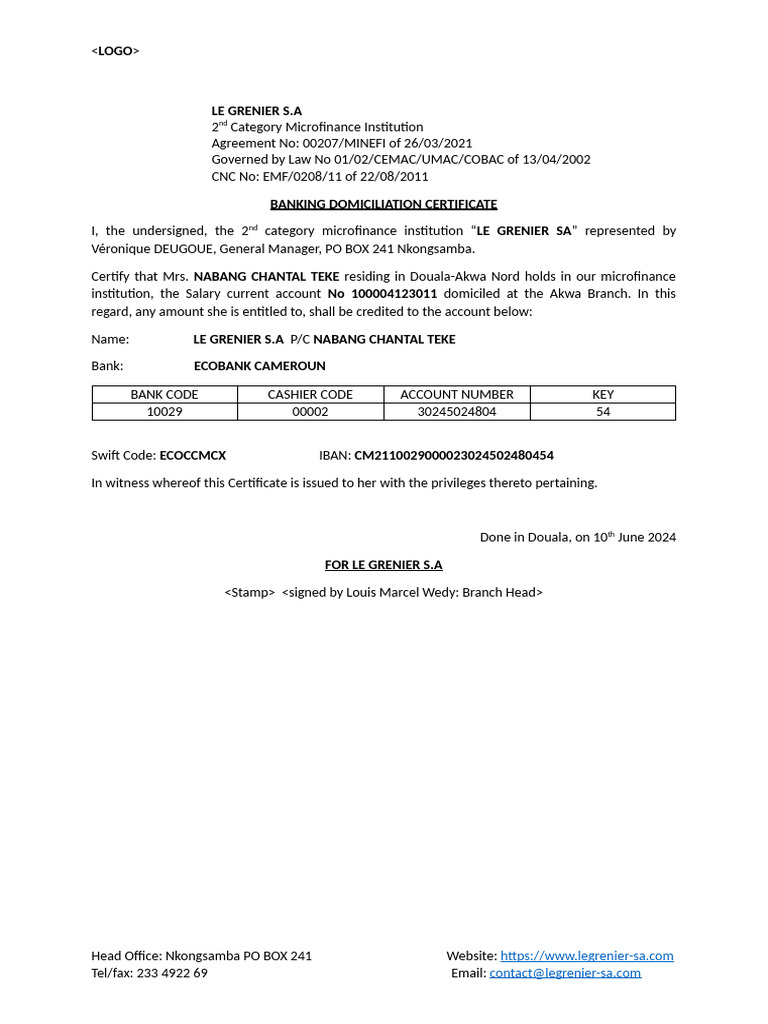 Banking Domiciliation Certificate Copy | PDF