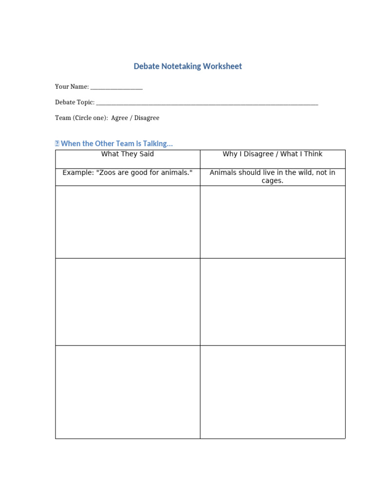 Debate Notetaking Worksheet 4th Grade | PDF