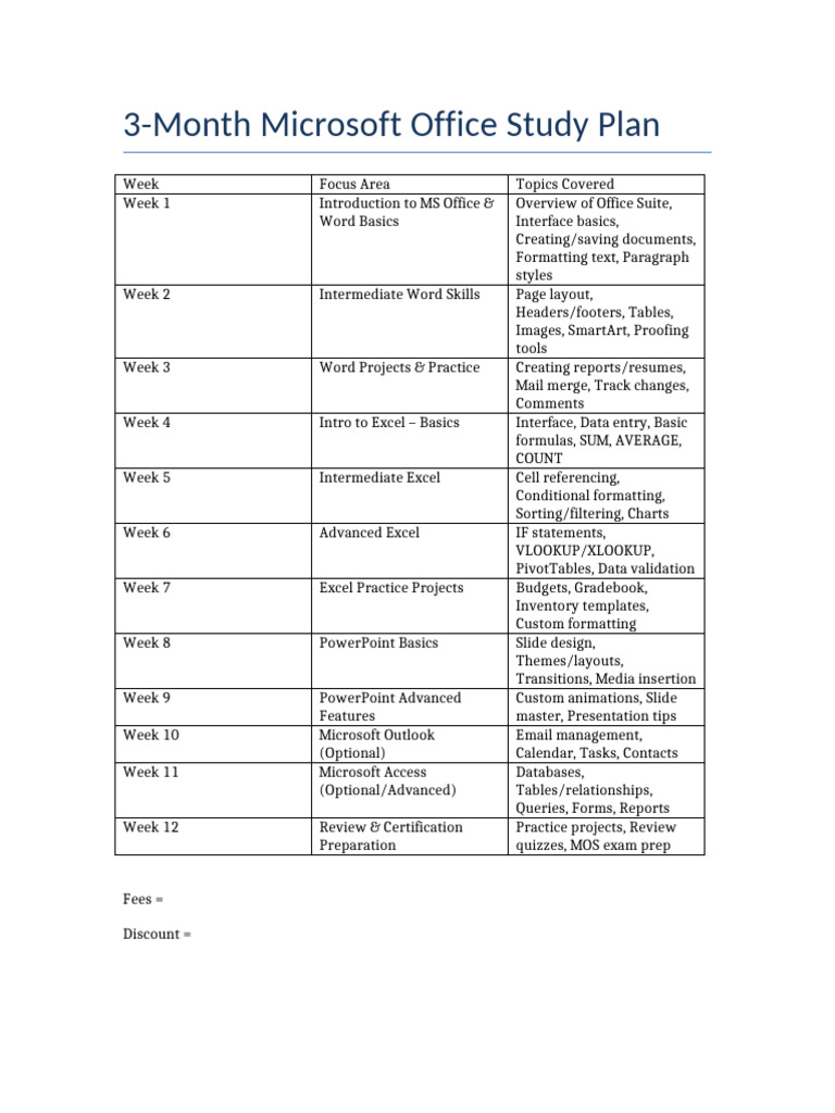 3-Month MS Office Study Plan | PDF | Microsoft Excel | Microsoft Office