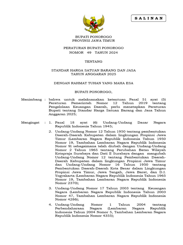 Perbup No 49 TH 2024 Standar Harga Stuan Barang TA 2025 | PDF
