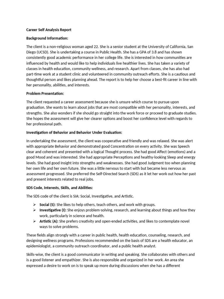 Career Self Analysis Report | PDF | Creativity | Skill