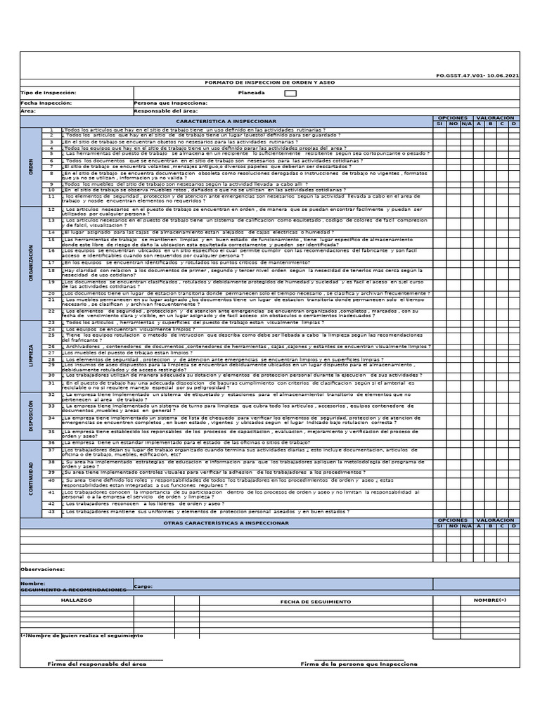 Formato de Inspección Orden y Aseo | PDF