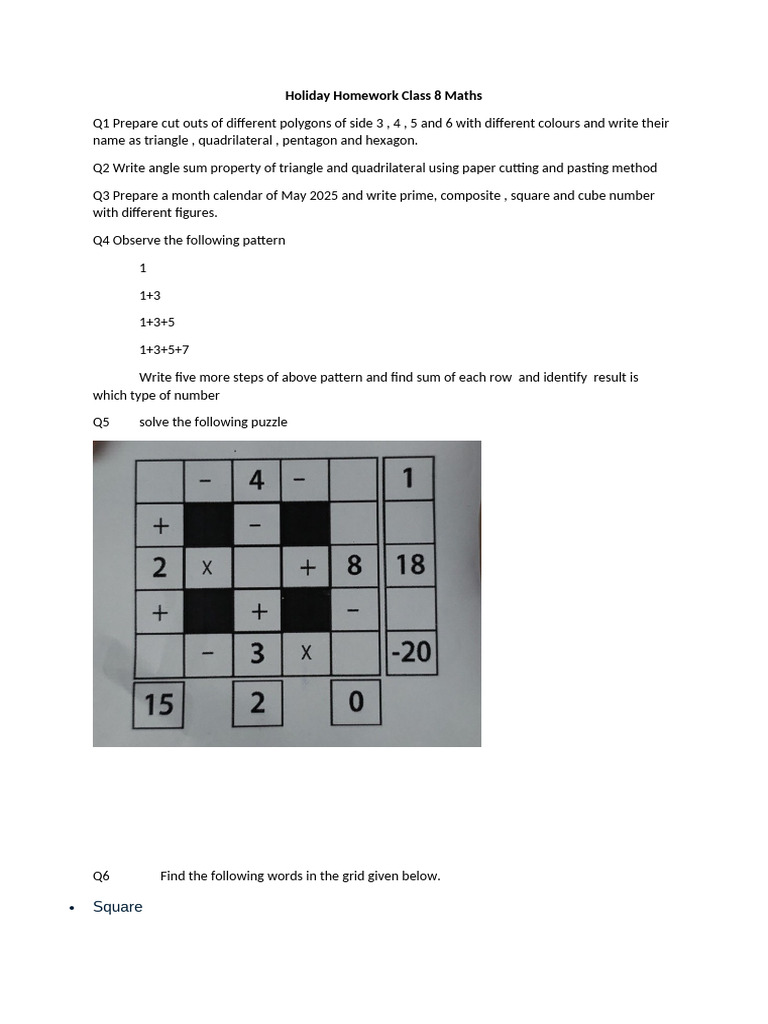 Holiday Homework Class 8 Maths | PDF