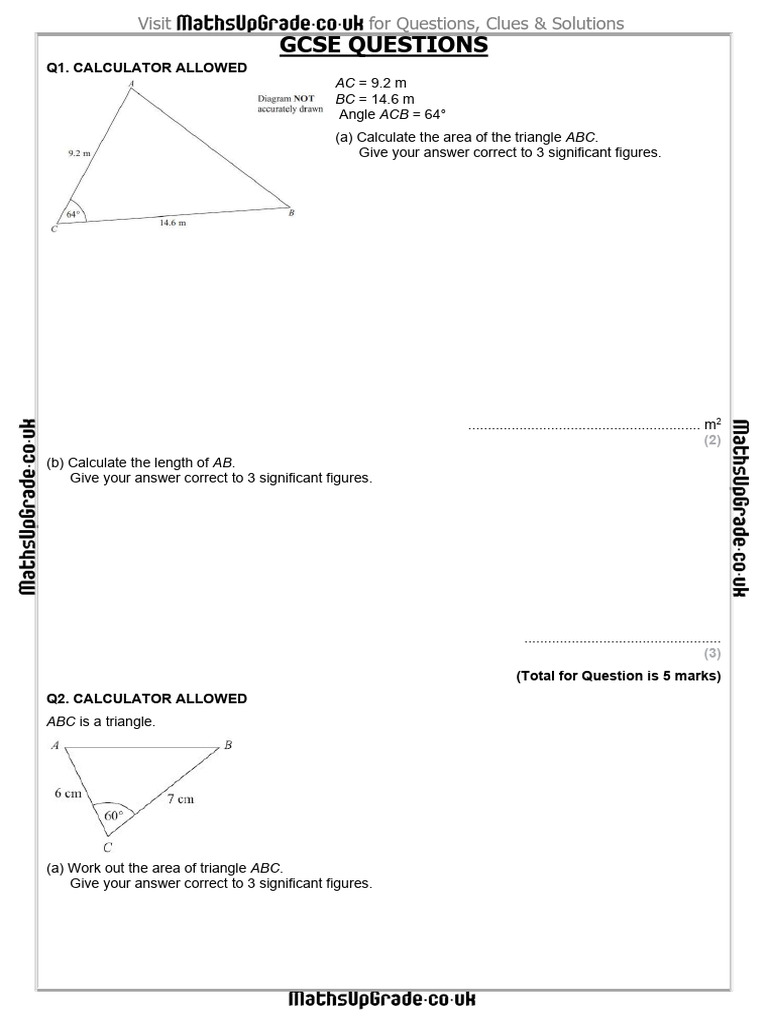 Advanced Areas of Triangles Questions Mathsupgrade Co Uk | PDF | Area ...