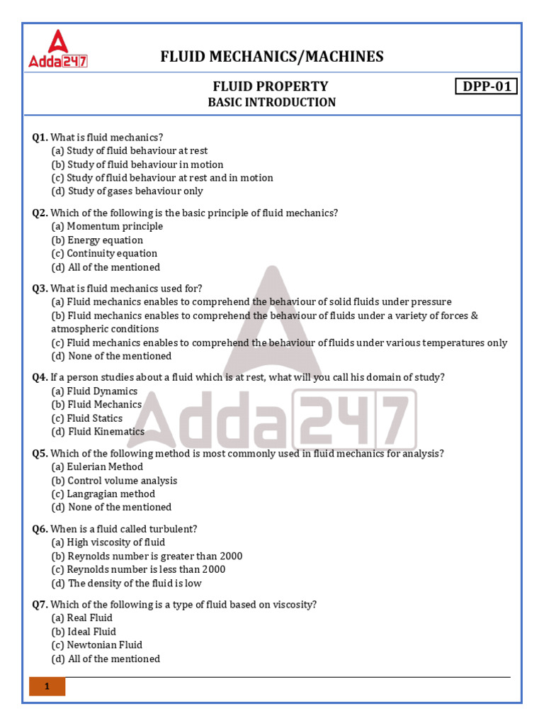Mechanical Engineering DPP Fluid Mechanics | PDF | Buoyancy | Pressure Measurement