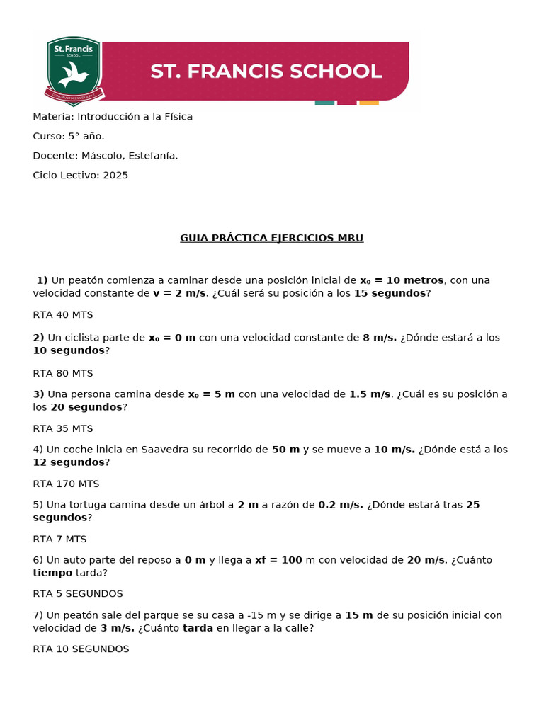 Guia Práctica Ejercicios MRU | PDF