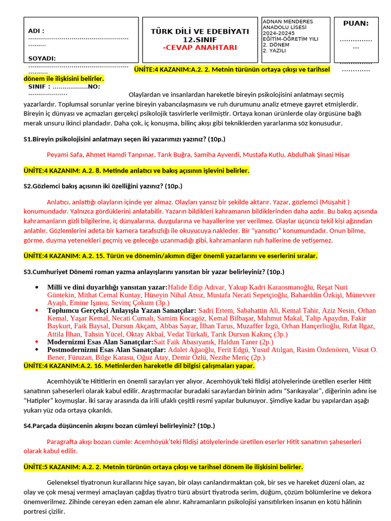 12 Edebi̇yat Cevaplari | PDF